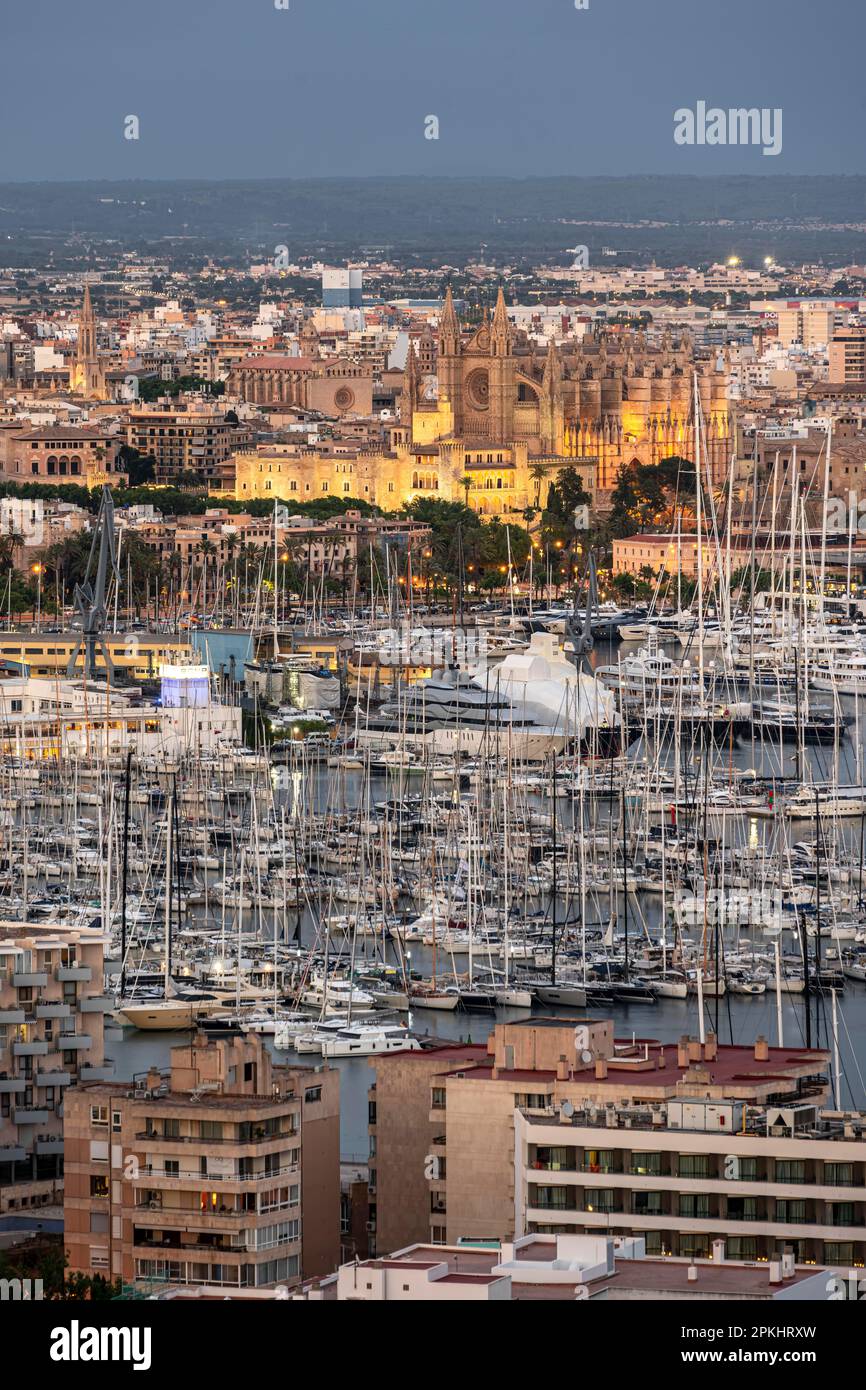 View over Palma de Majorca, with harbour with sailing boats ...