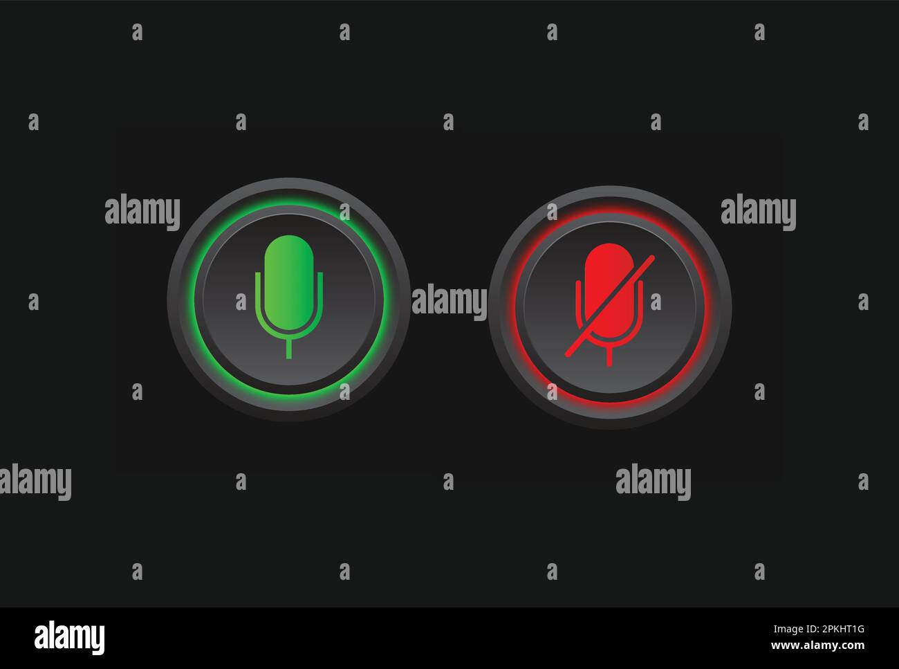 Microphone sound on and off green and red icons neon light buttons ...