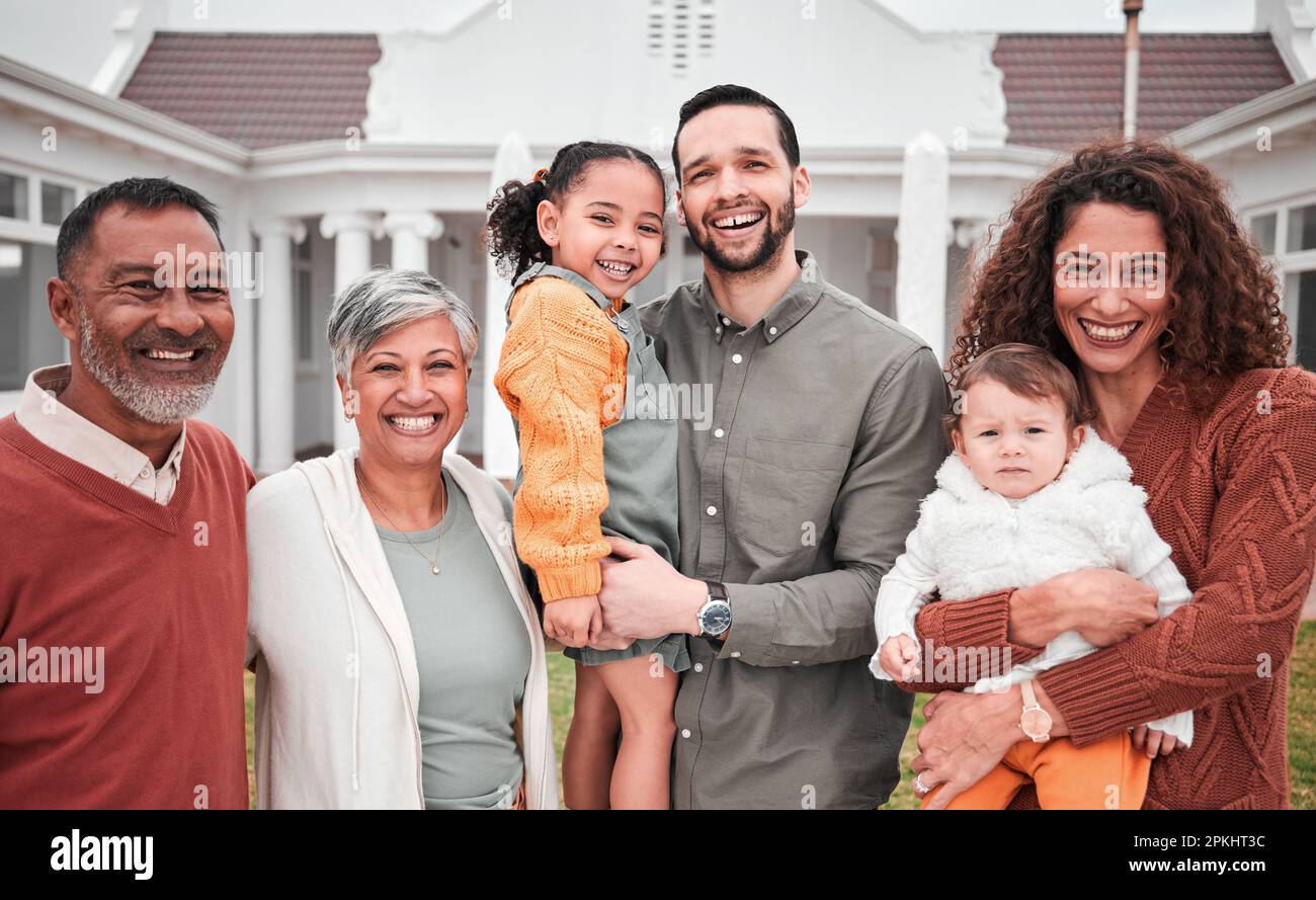 Family, generations and happy people in portrait outdoor, grandparents ...