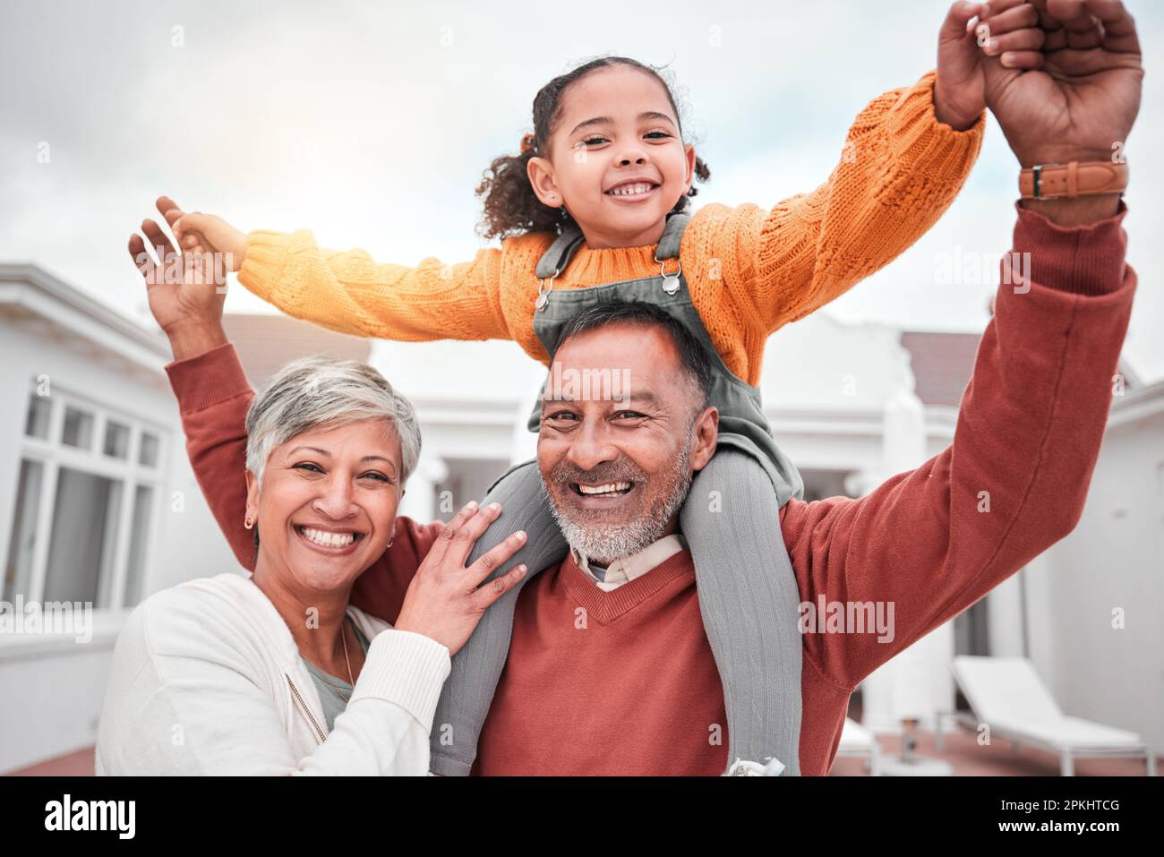 Happy, smile and portrait of grandparents and child for bonding ...