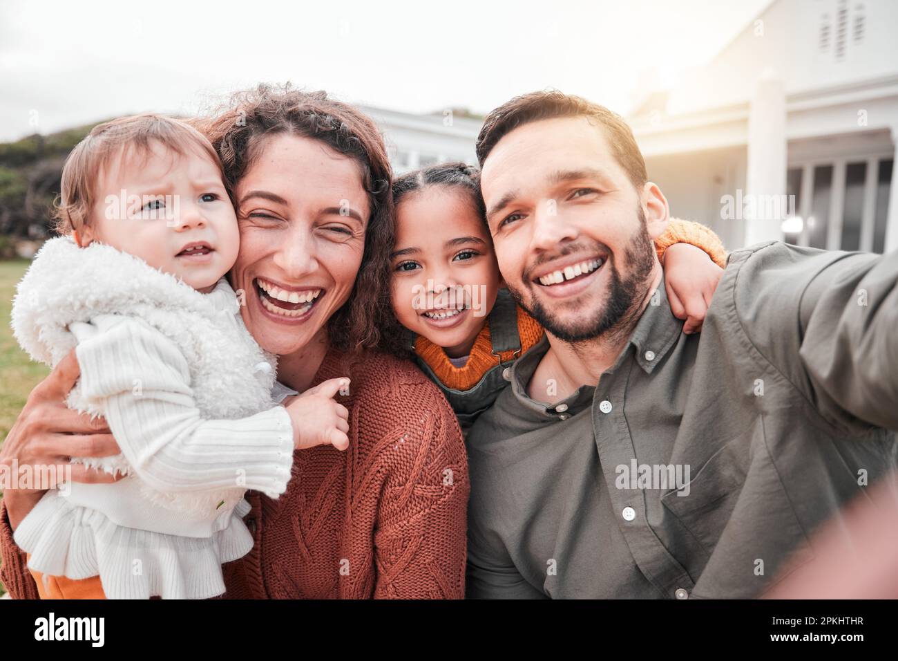 Selfie, family and children outdoor with their parents in summer for a ... Selfie, family and children outdoor with their parents in summer for a ...