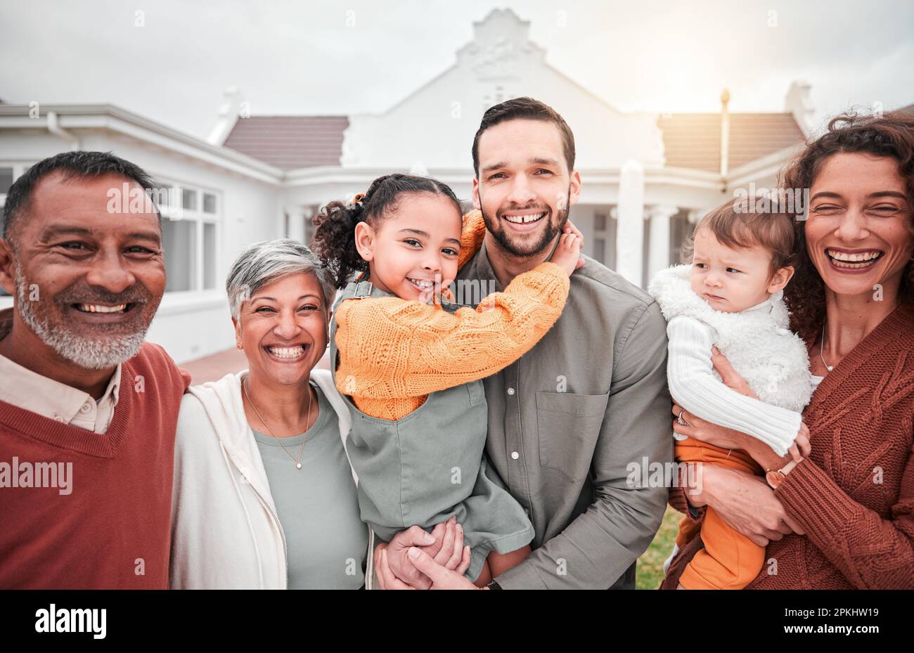 Happy, generations and selfie with big family on lawn of home for ...