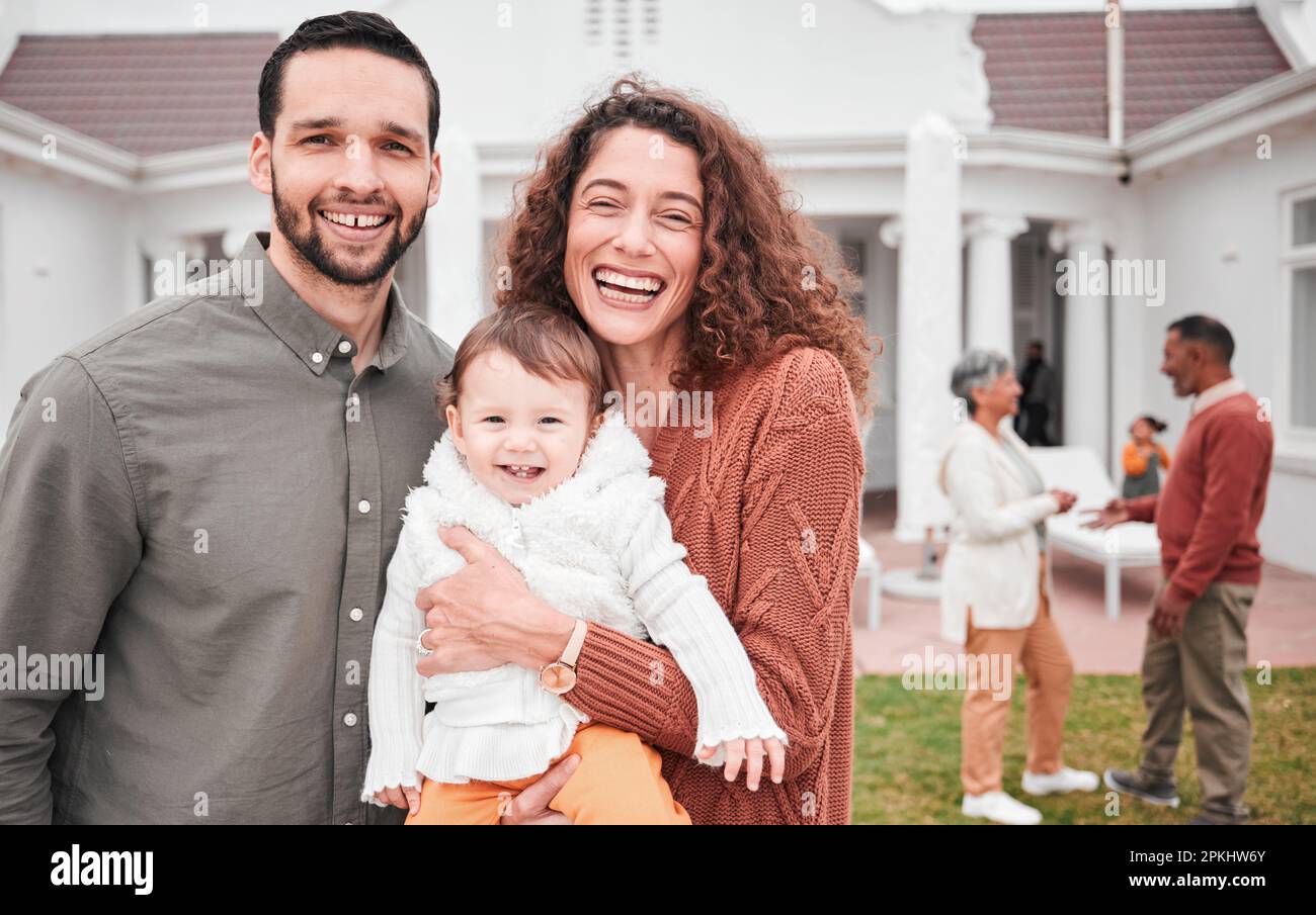 Family, mother and father portrait outdoor with a smile and love for ...