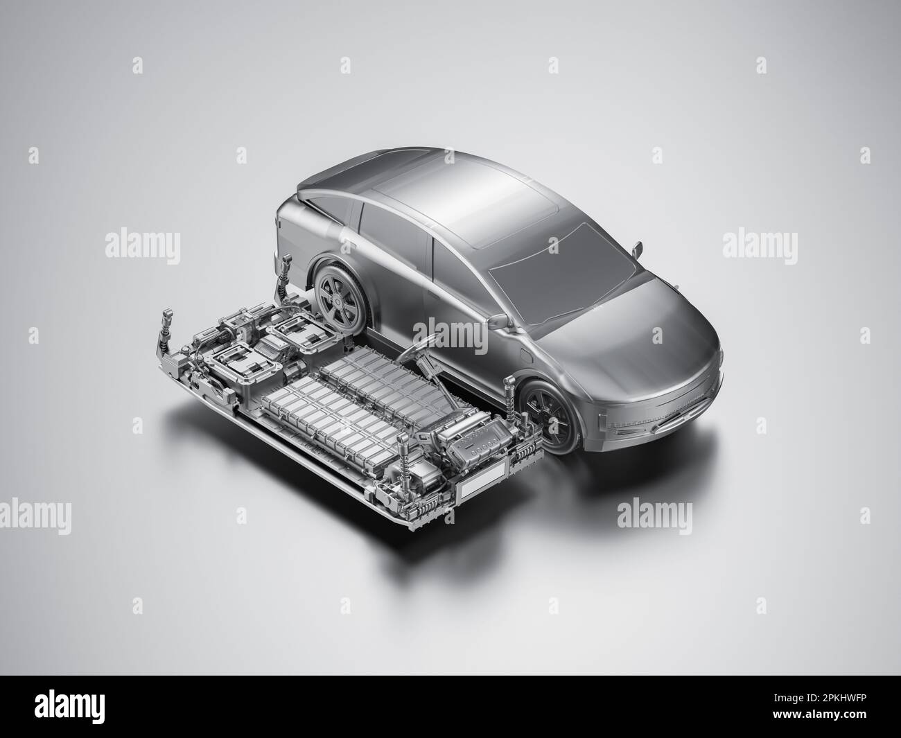 3d rendering ev car or electric vehicle with pack of battery cells ...