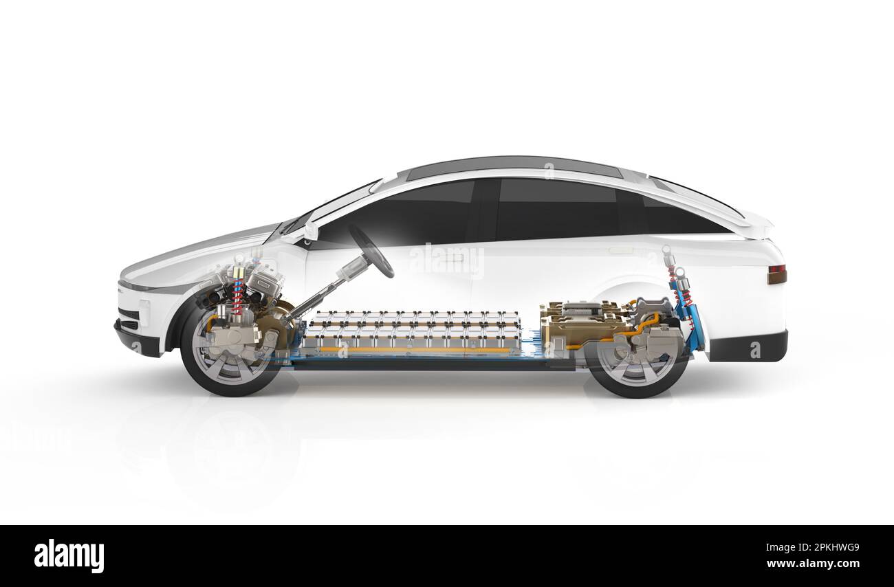 3d rendering ev car or electric vehicle with pack of battery cells ...