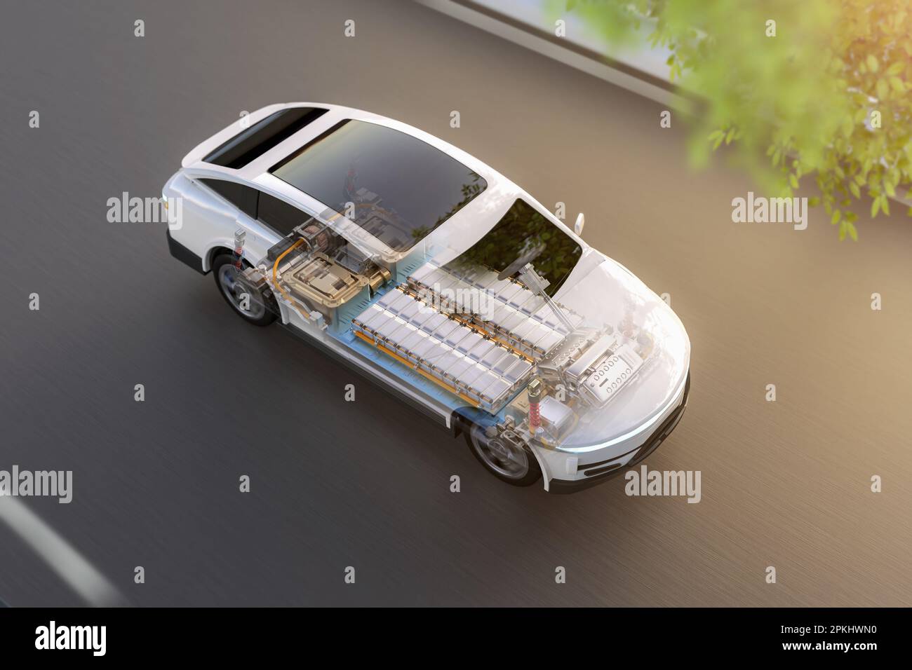 3d rendering ev car or electric vehicle with pack of battery cells ...
