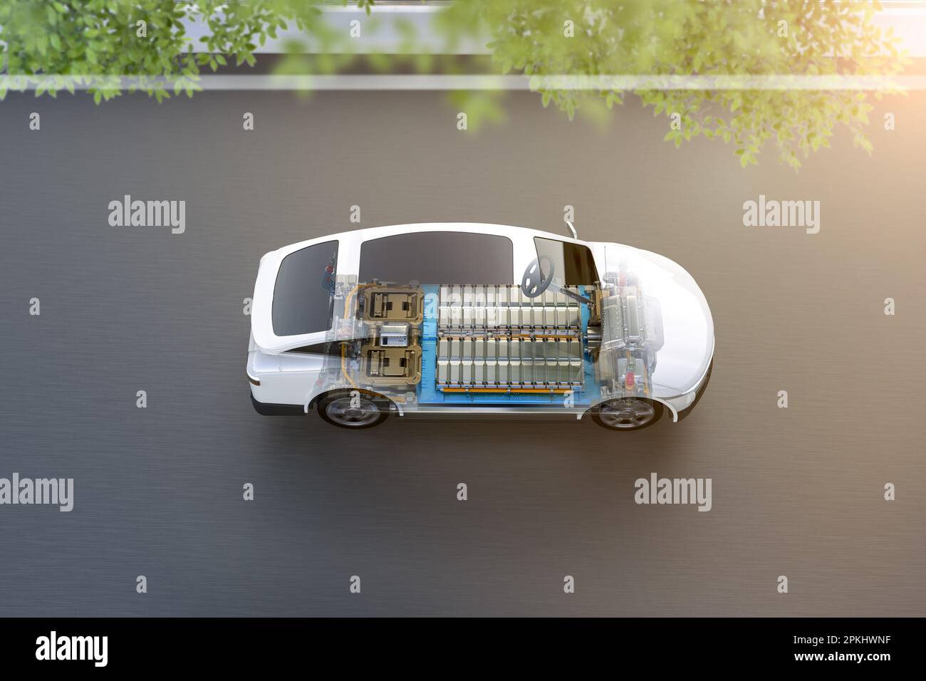 3d rendering ev car or electric vehicle with pack of battery cells ...