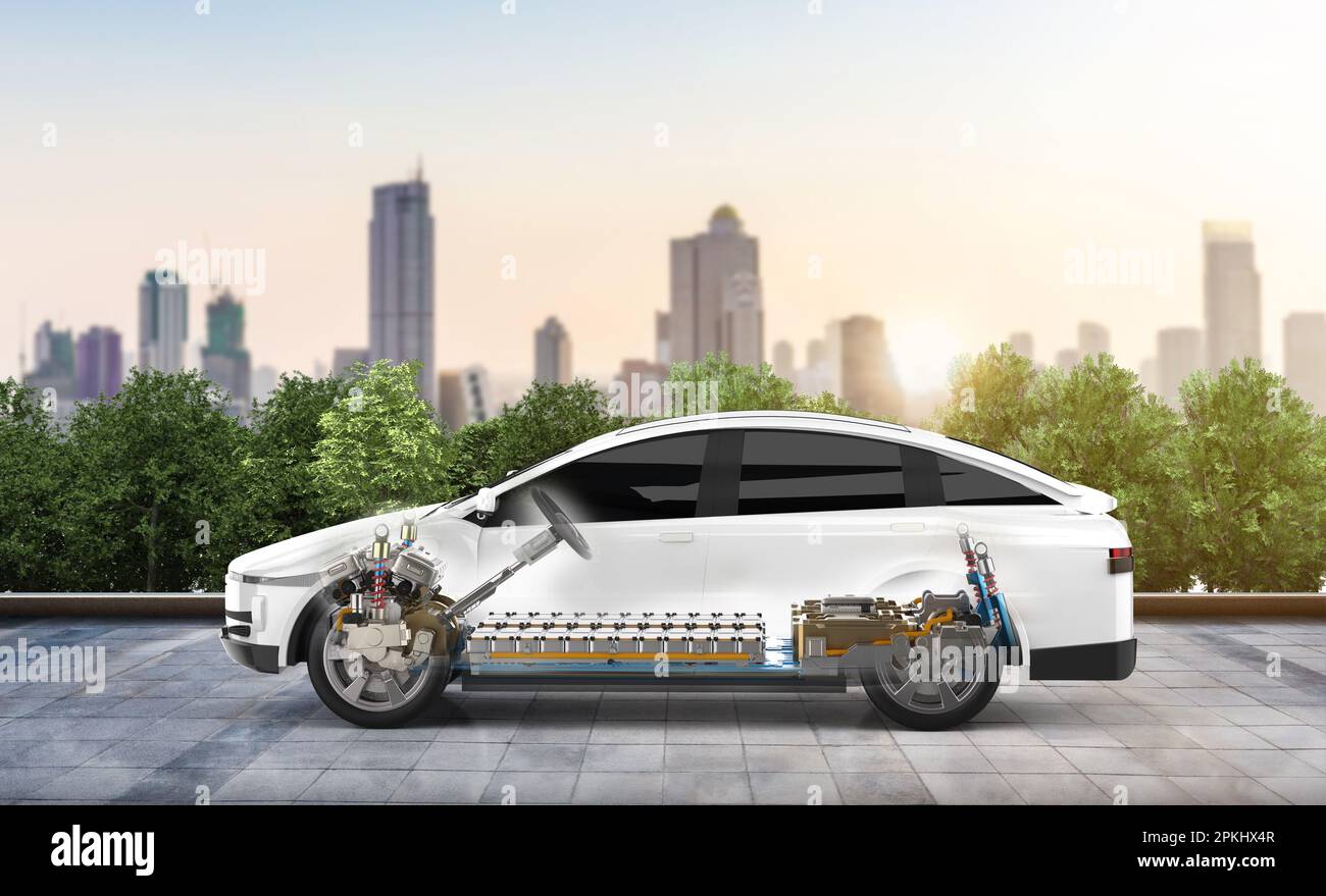 3d rendering ev car or electric vehicle with pack of battery cells ...