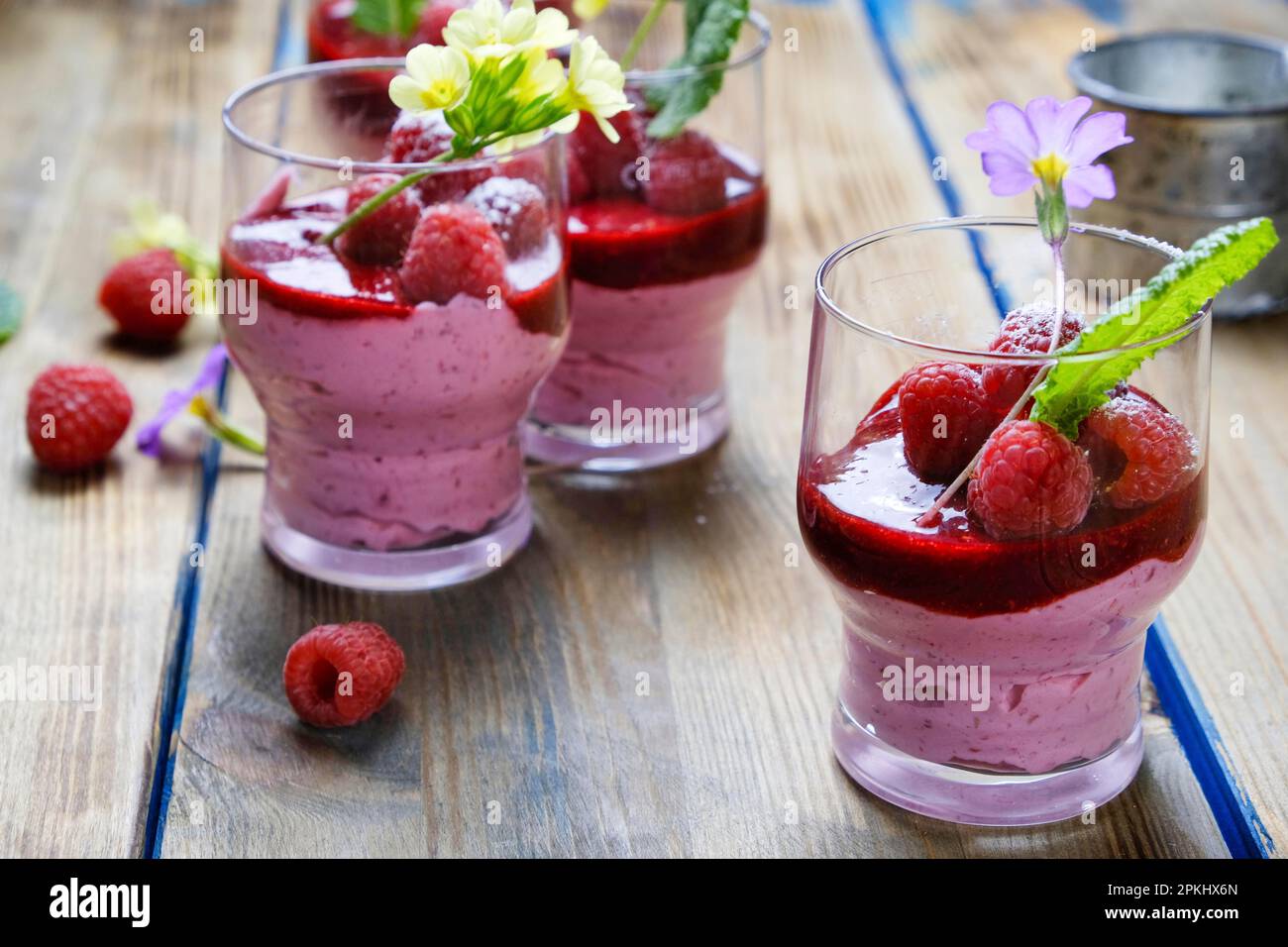 Raspberry mousse in glasses Stock Photo - Alamy