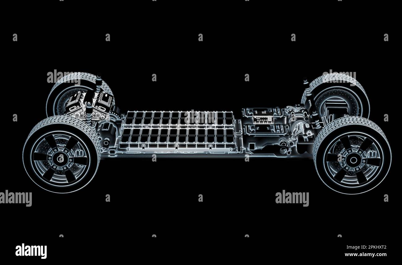 3d rendering ev car or electric vehicle structure with pack of battery ...