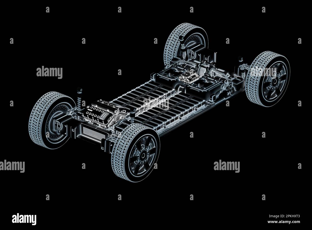 3d rendering ev car or electric vehicle structure with pack of battery ...