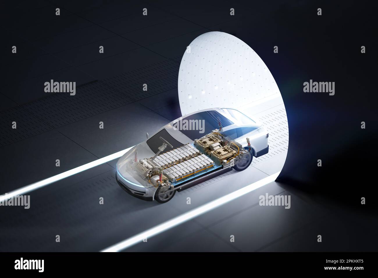 3d rendering ev car or electric vehicle with pack of battery cells ...