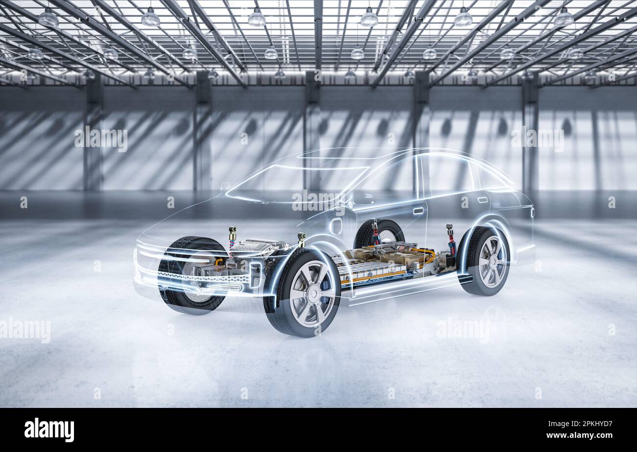 3d rendering ev car or electric vehicle with pack of battery cells ...