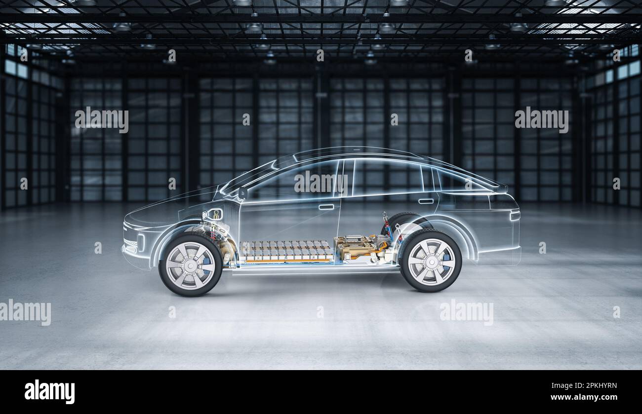 3d rendering ev car or electric vehicle with pack of battery cells ...