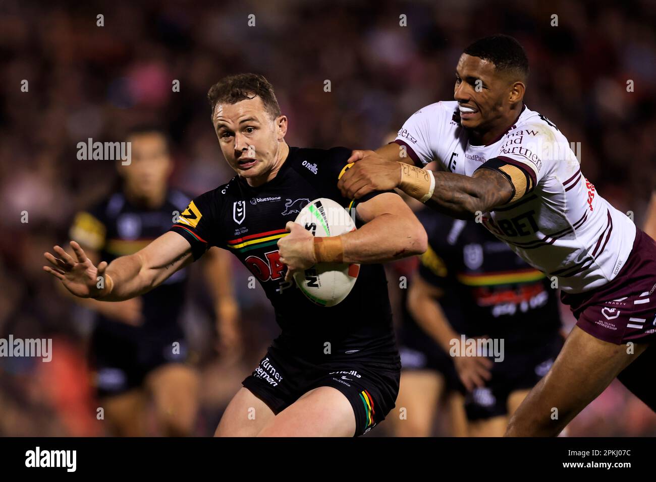 Dylan Edwards of the Panthers runs with the ball during the NRL Round 6 ...