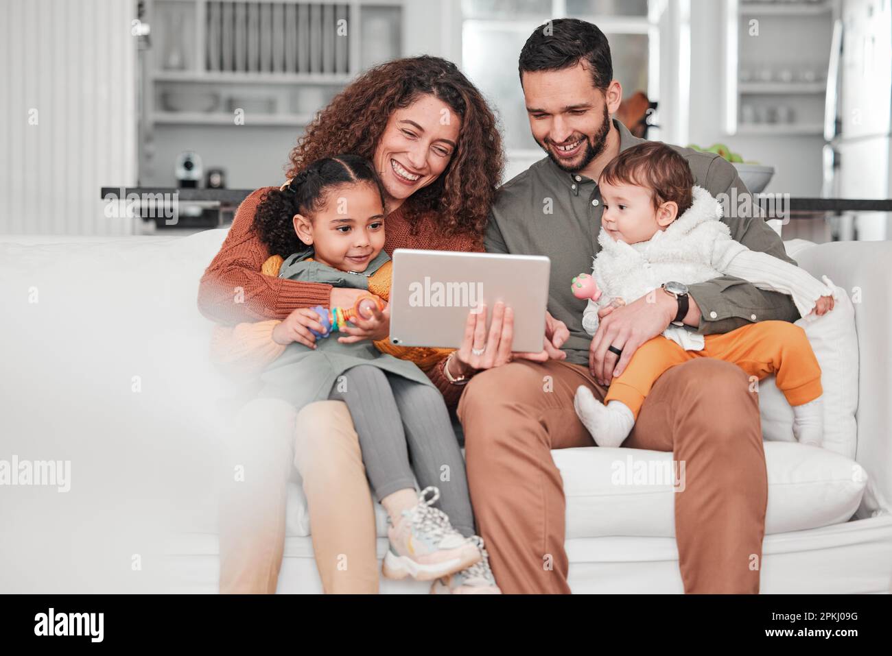 Happy family on couch with tablet, children and bonding, streaming ...