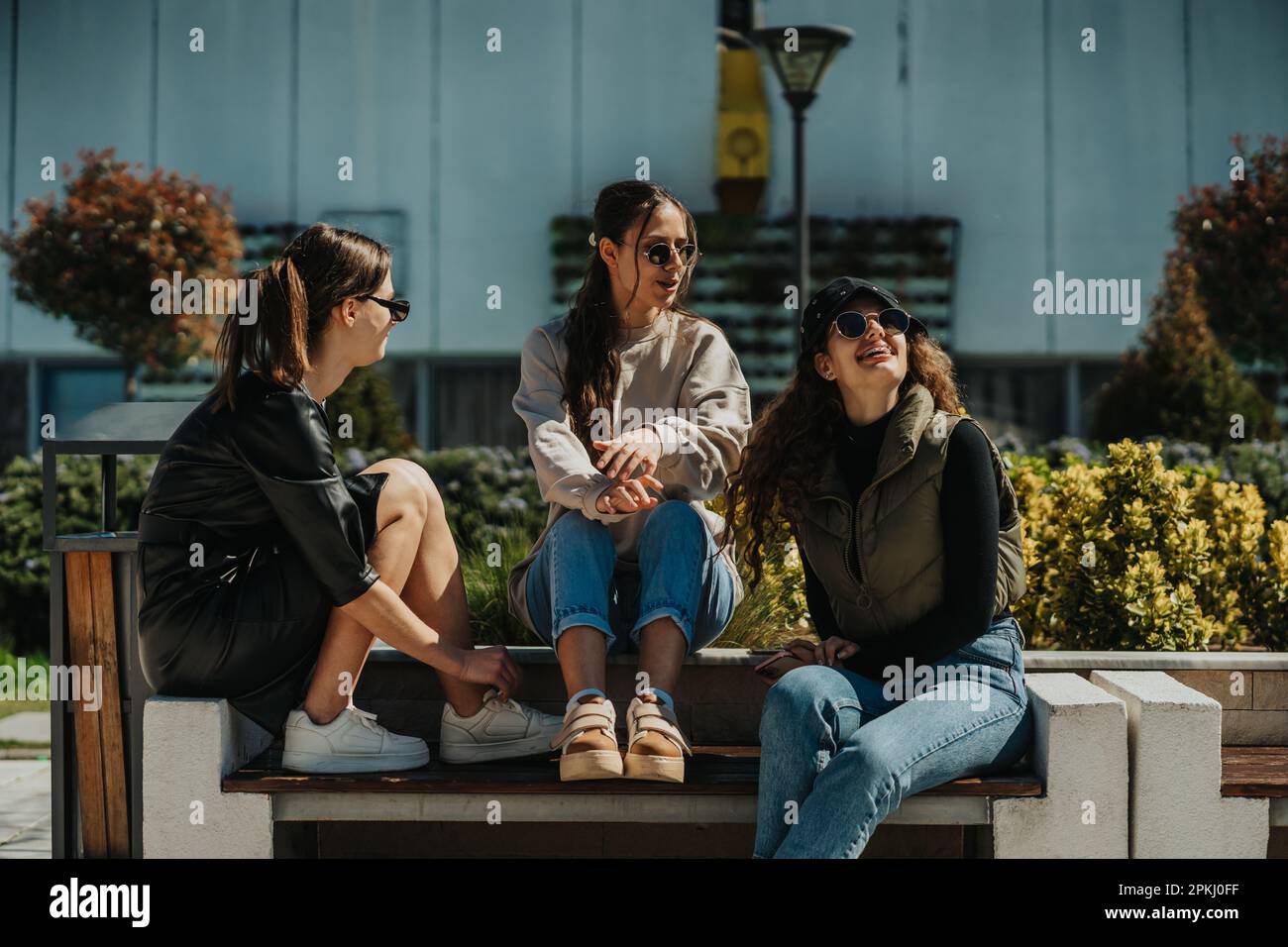 Front view shot of three lovely girls sitting on a bench and having a ...