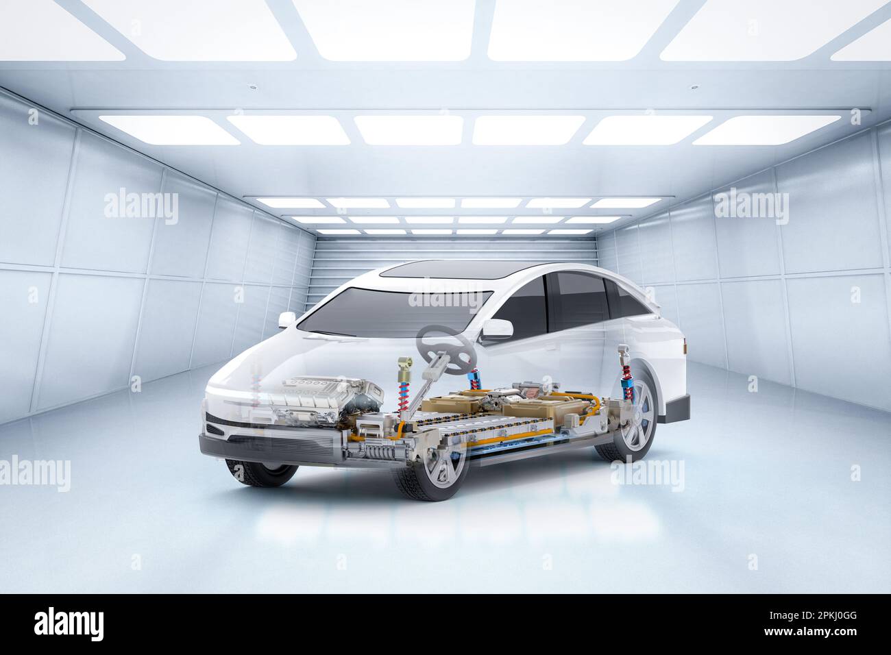 3d rendering ev car or electric vehicle with pack of battery cells ...
