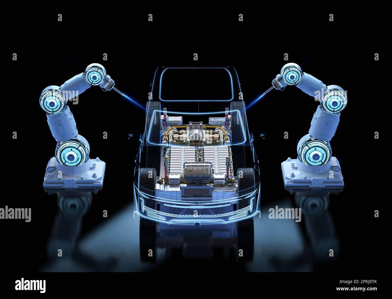 Automation automobile factory concept with 3d rendering robot assembly line with electric car ...