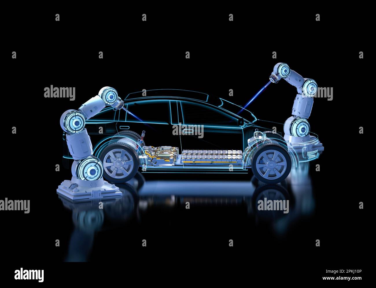 Automation automobile factory concept with 3d rendering robot assembly ...