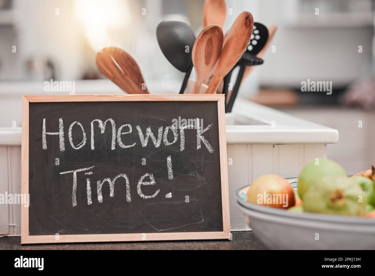 Education, house and a board for homework on a table, house rules and ...