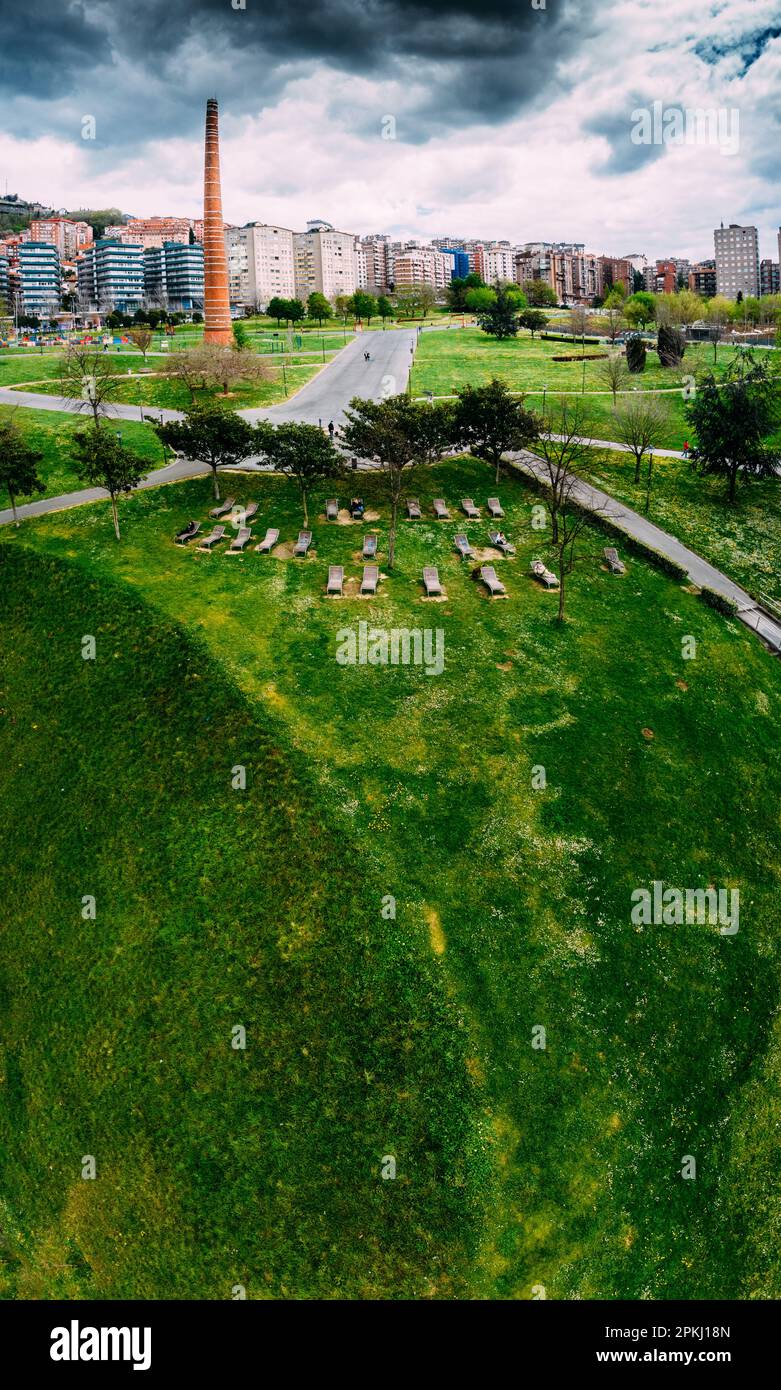 Drone aerial vertical panoramic view of Etxebarria park in Bilbao with ...