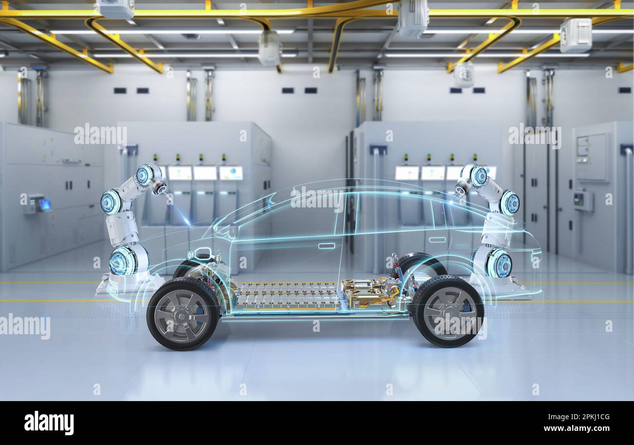 Automation automobile factory concept with 3d rendering robot assembly ...
