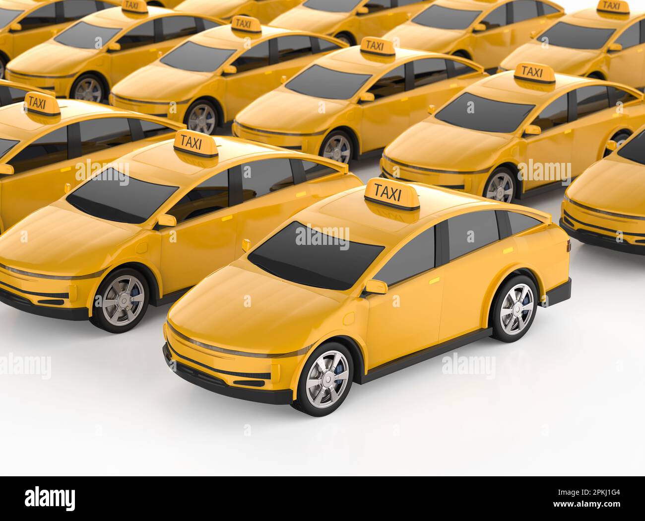 3d rendering lots of yellow ev taxis or electric vehicles on white ...