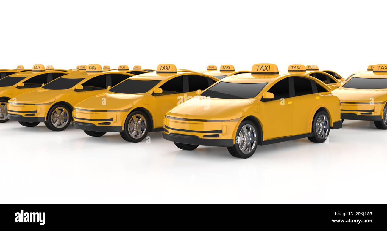 3d rendering lots of yellow ev taxis or electric vehicles on white ...