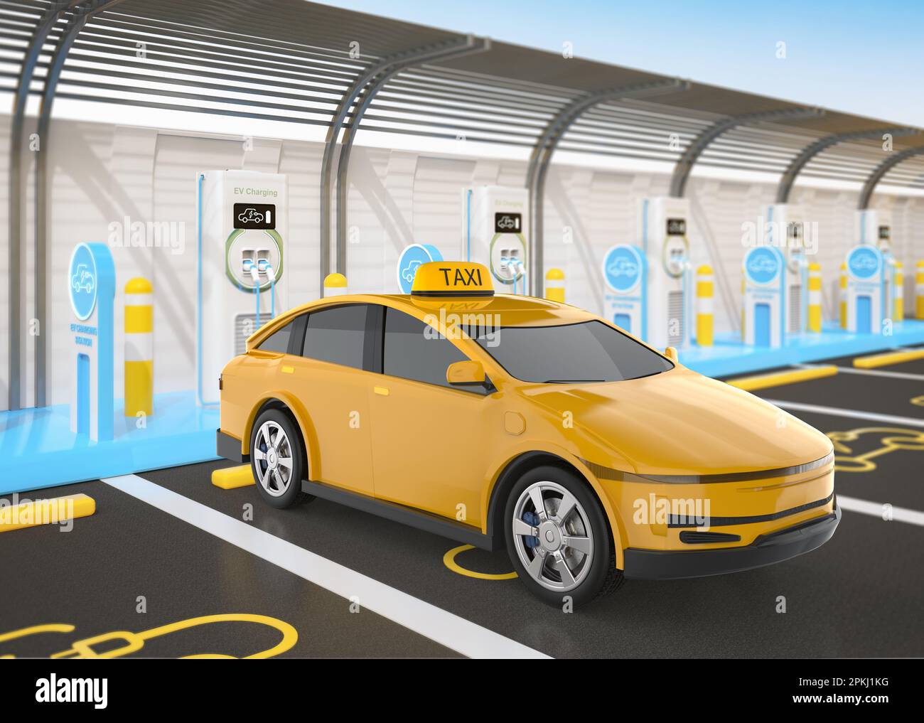3d rendering yellow ev taxi or electric vehicle plug in with recharging ...