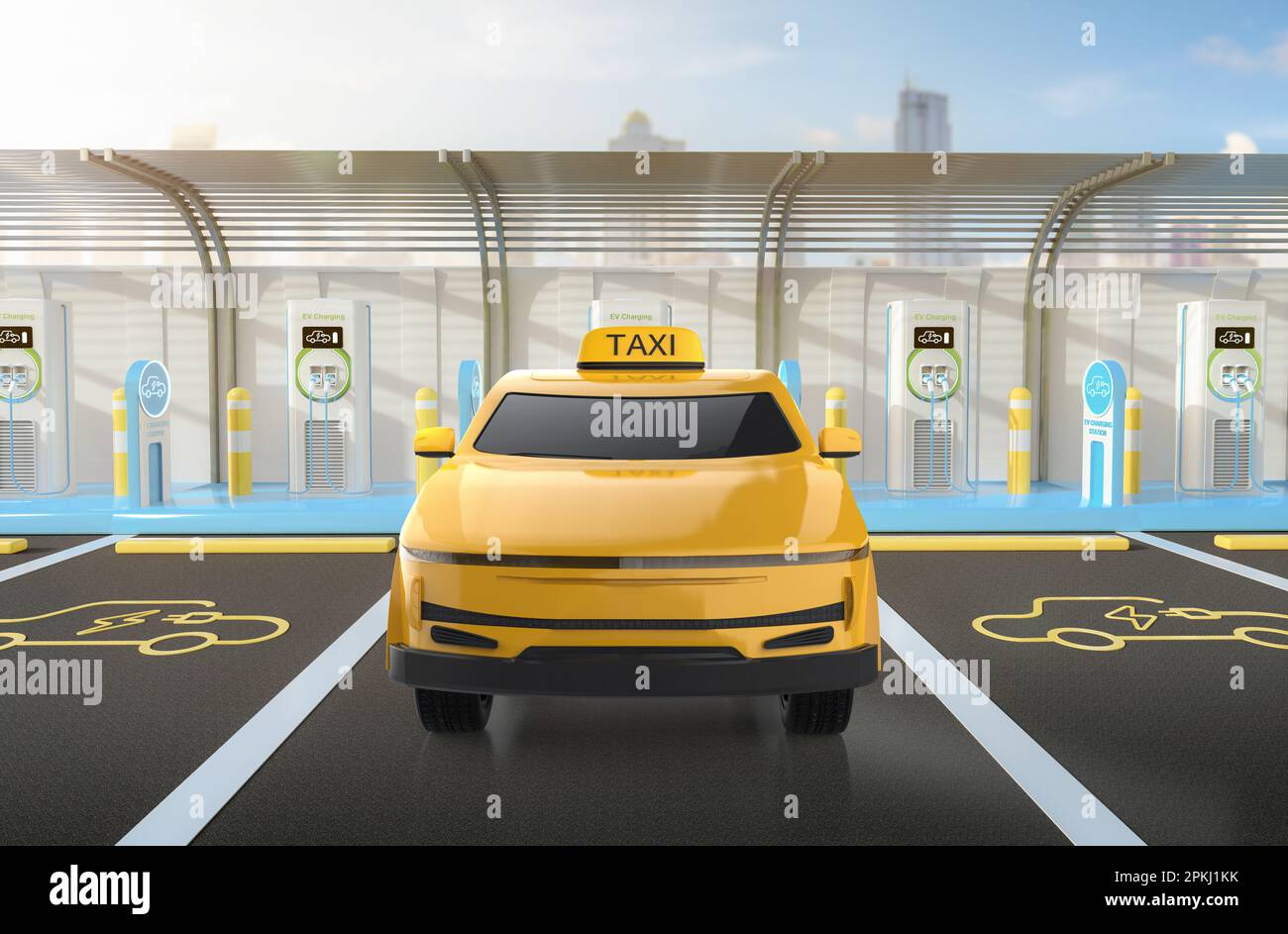 3d rendering yellow ev taxi or electric vehicle plug in with recharging ...