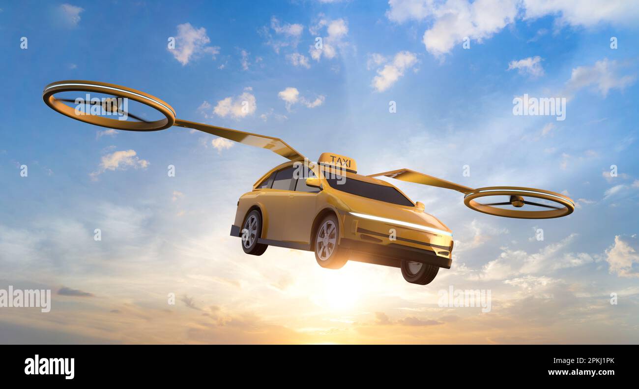 Driverless taxi or autonomous taxi with 3d rendering electric flying ...