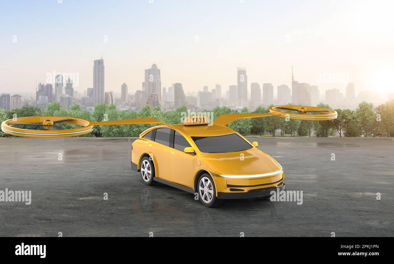 Driverless taxi or autonomous taxi with 3d rendering electric flying ...