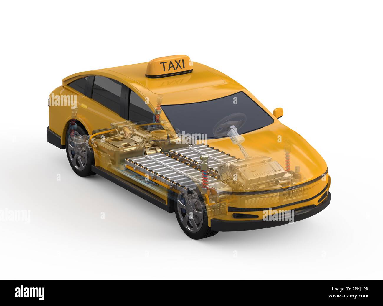 3d rendering yellow ev taxi or electric vehicle with pack of battery ...