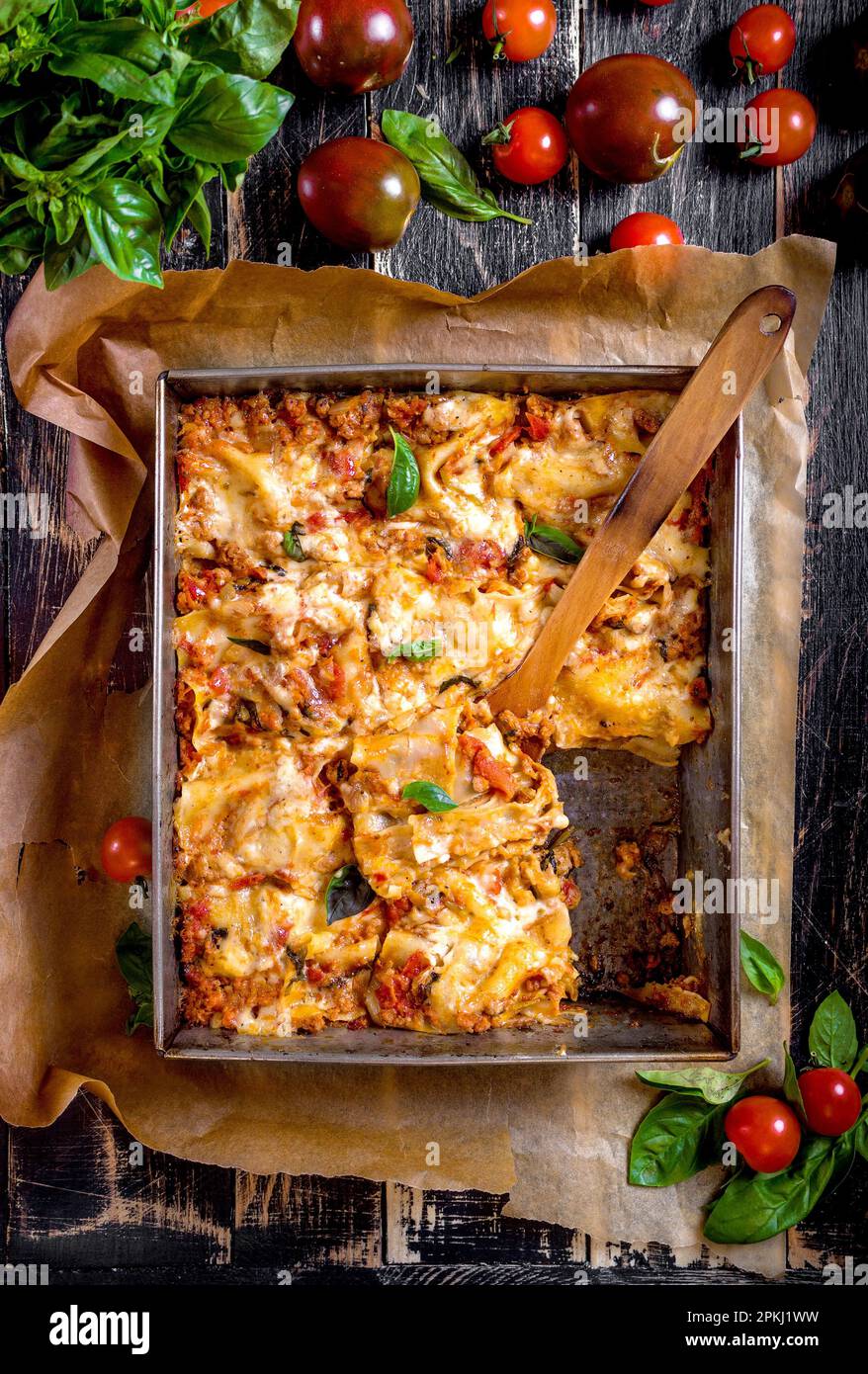 Top view of a delicious traditional italian lasagna made with minced ...