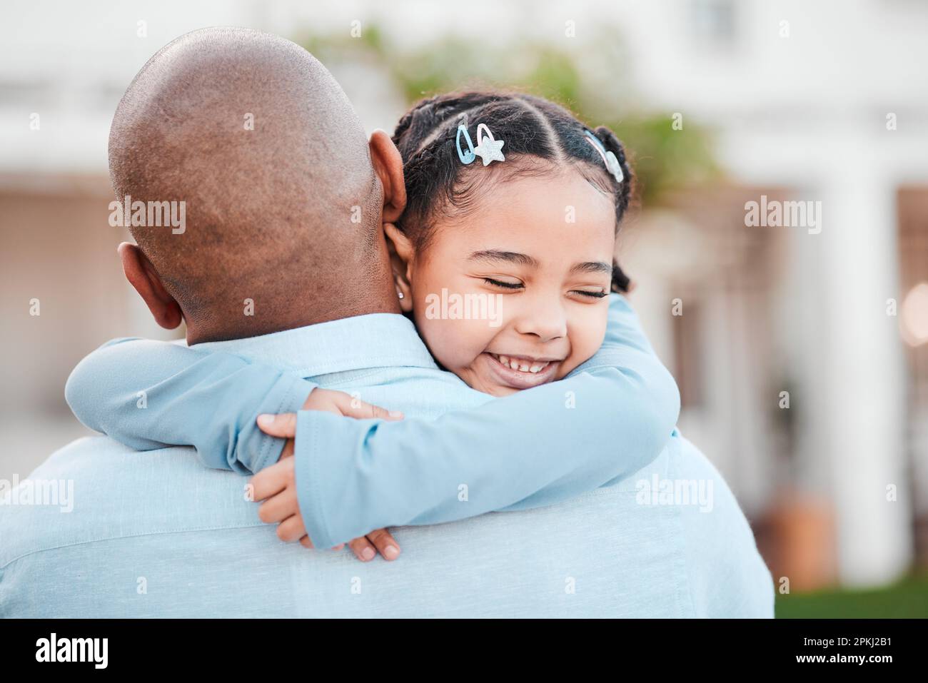 Family, hug and father with girl in garden for bonding, quality time ...