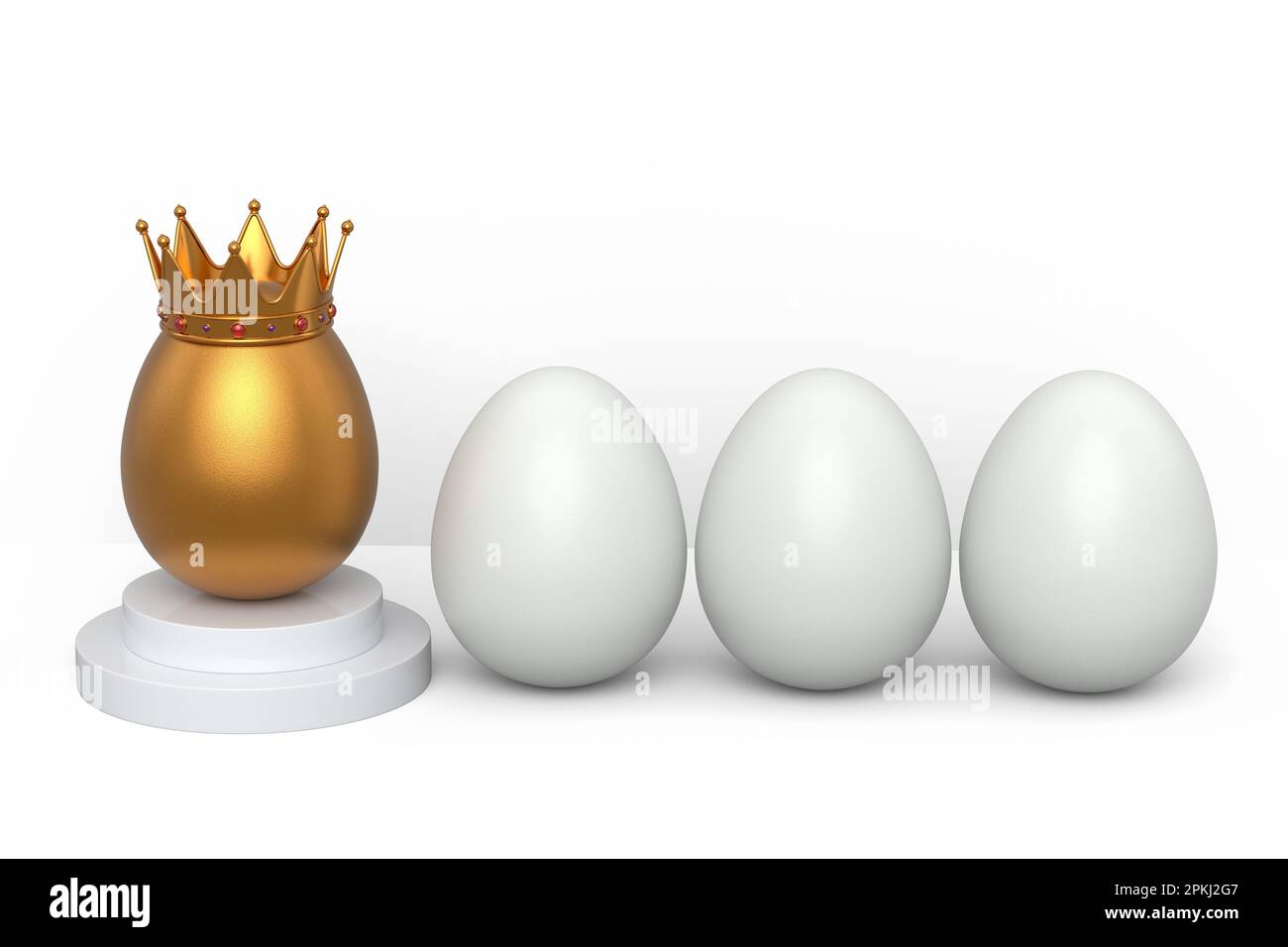 White chicken eggs in row and unique gold egg in royal king crown on ...