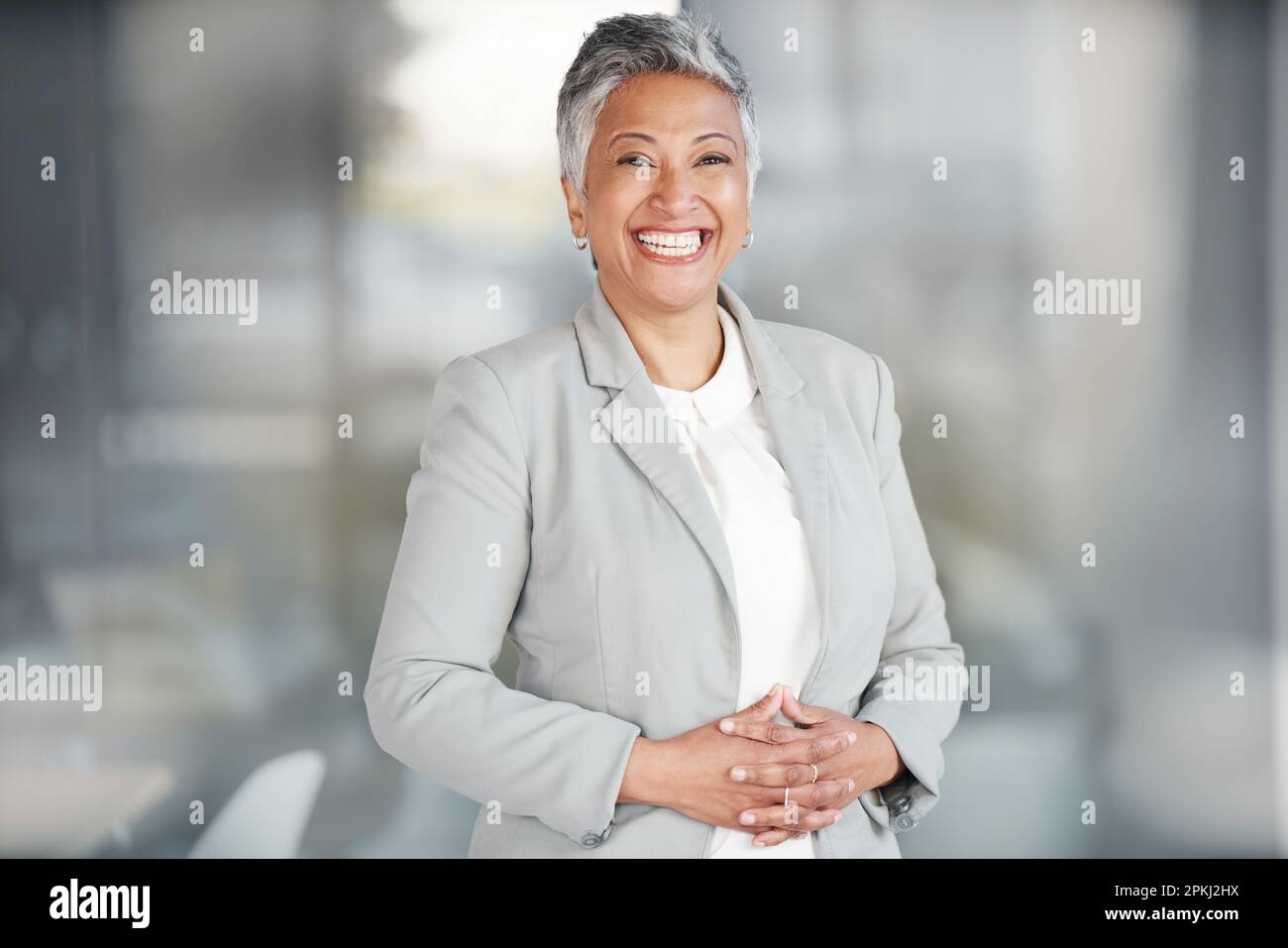 Happy, senior and portrait of woman in office for business ...
