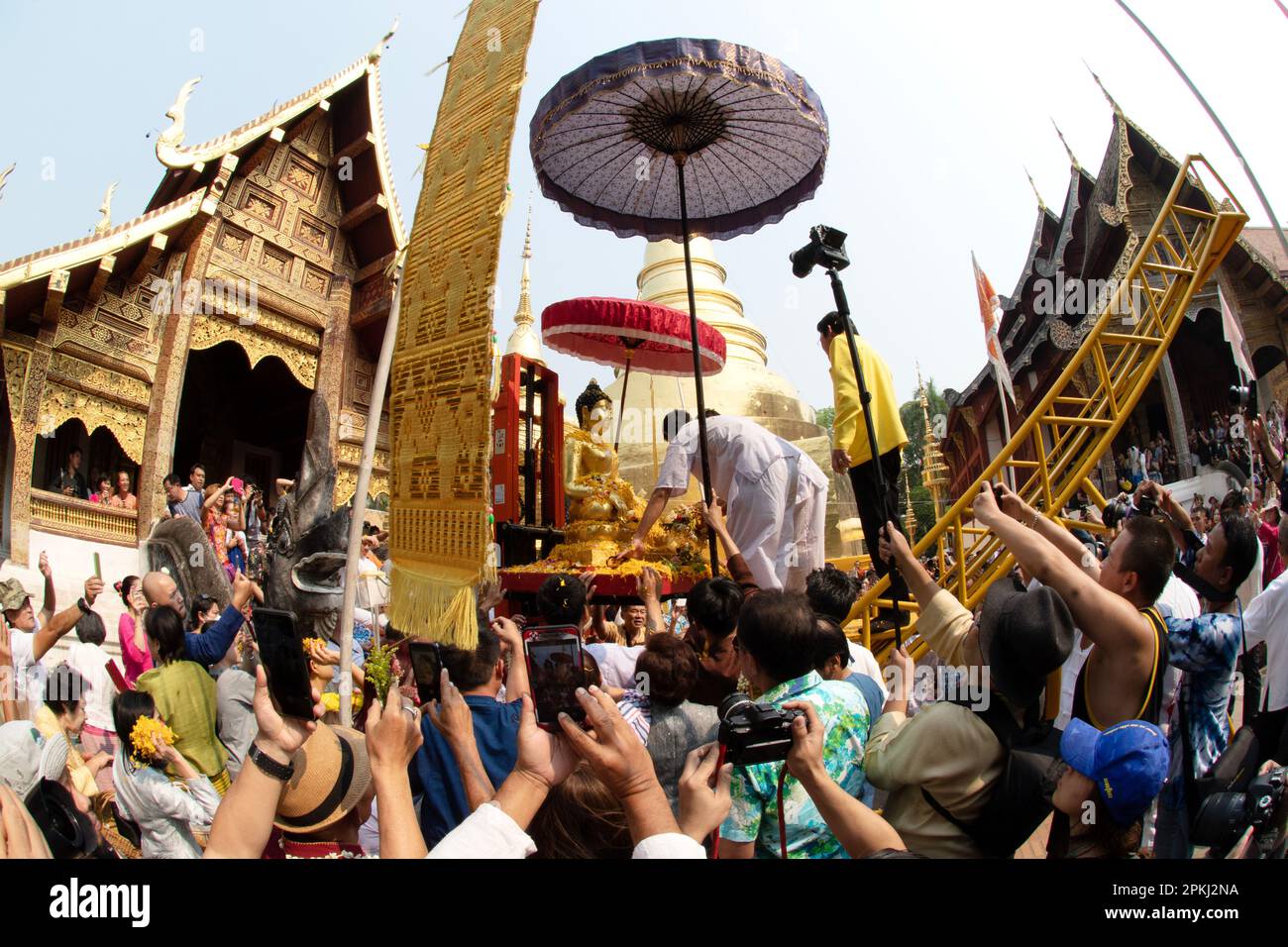 Elephants are using a trunks to spray water for Thai people and ...