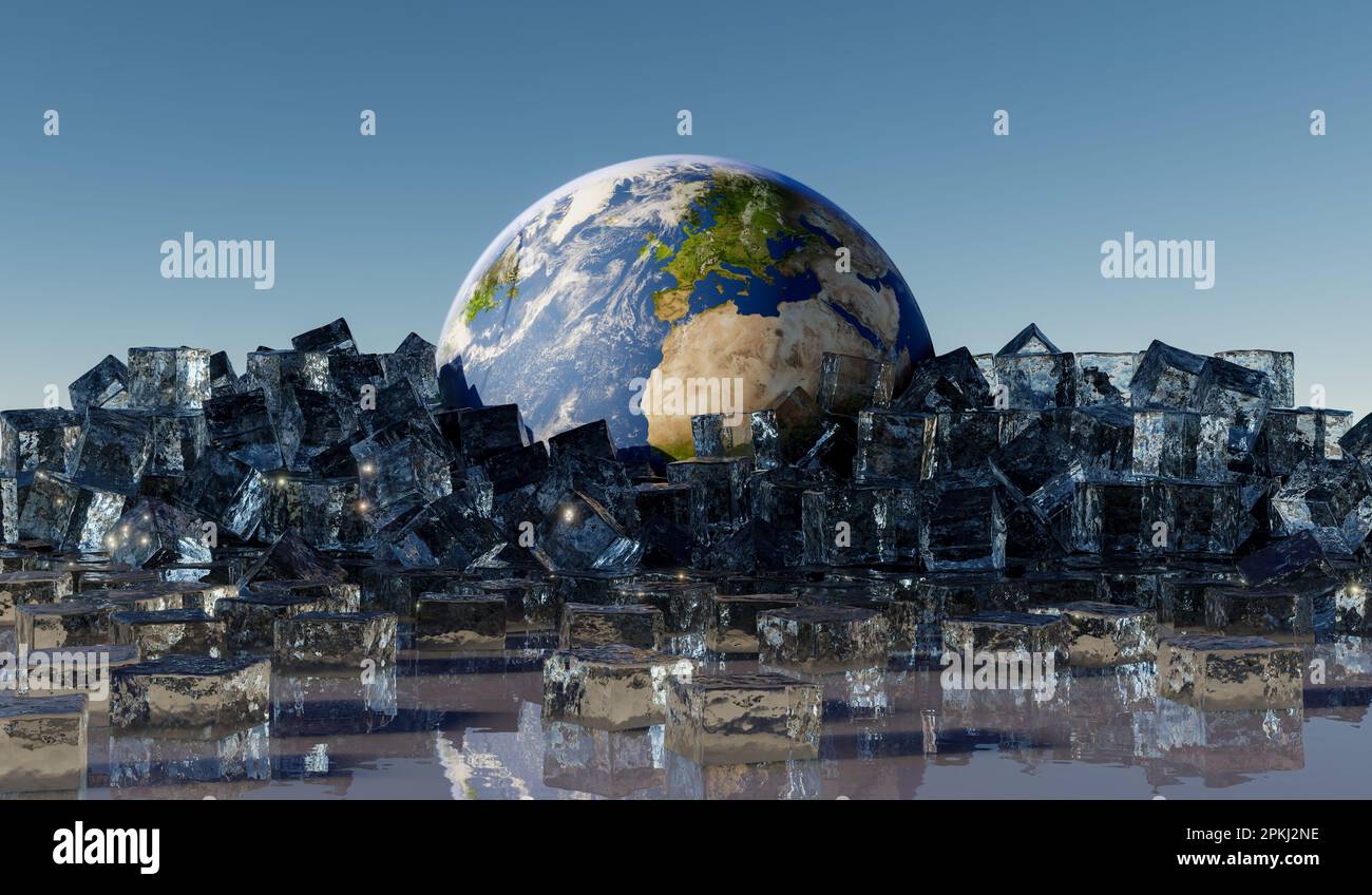 the earth in a heap of ice cubes - 3D Illustration Stock Photo - Alamy