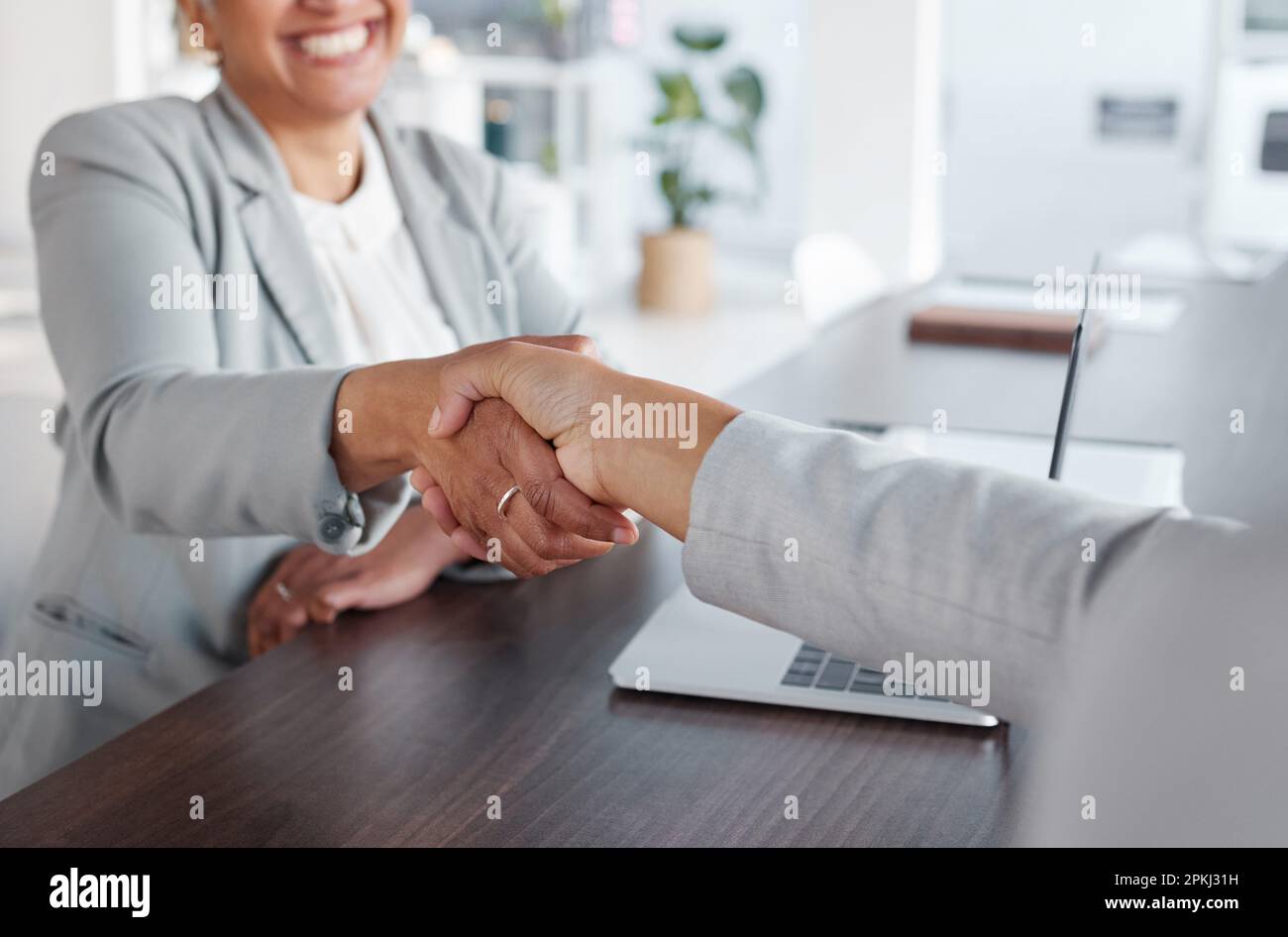 Business people, handshake and partnership, success in interview ...