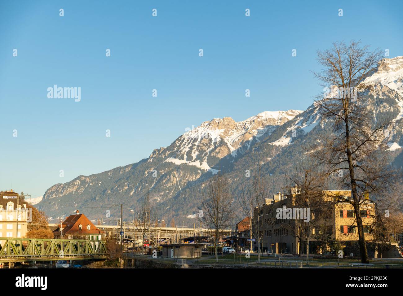Interlaken, Switzerland, February 10, 2023 Alpine scenery at the river ...
