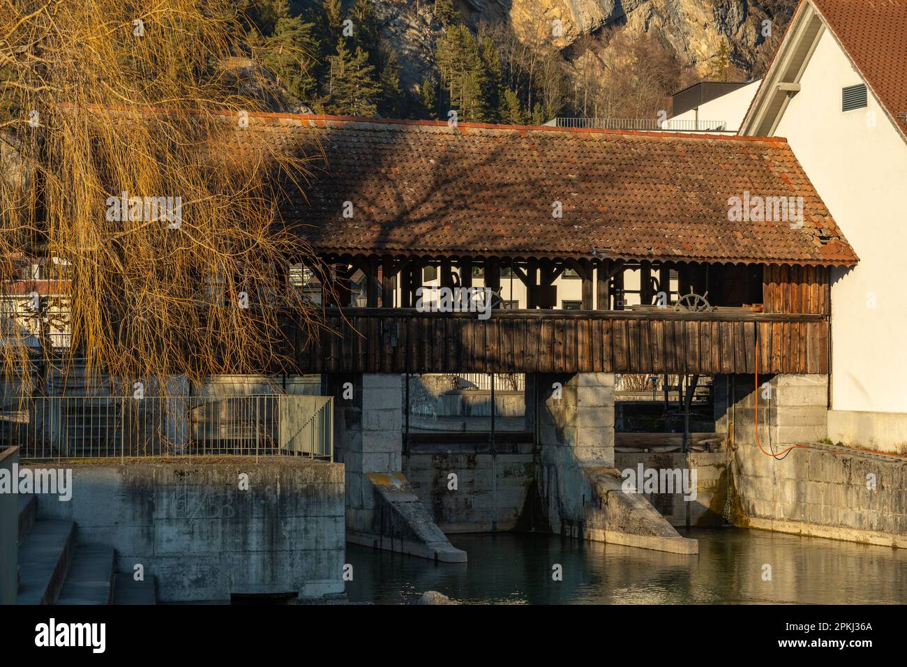 Interlaken, Switzerland, February 10, 2023 Historic old wooden bridge ...