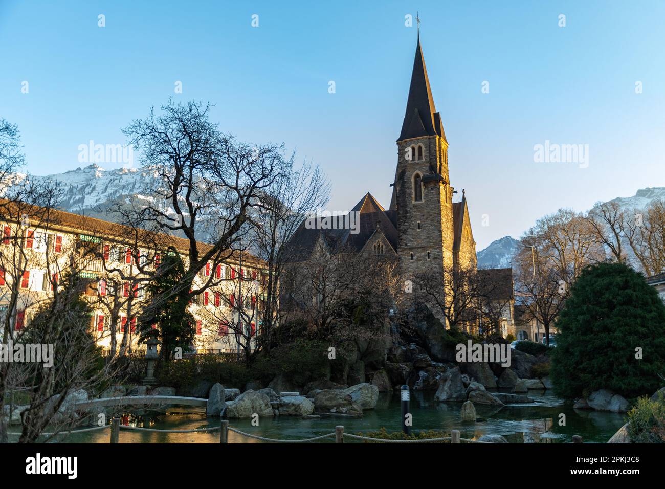 Interlaken, Switzerland, February 10, 2023 Little japanese garden with ...