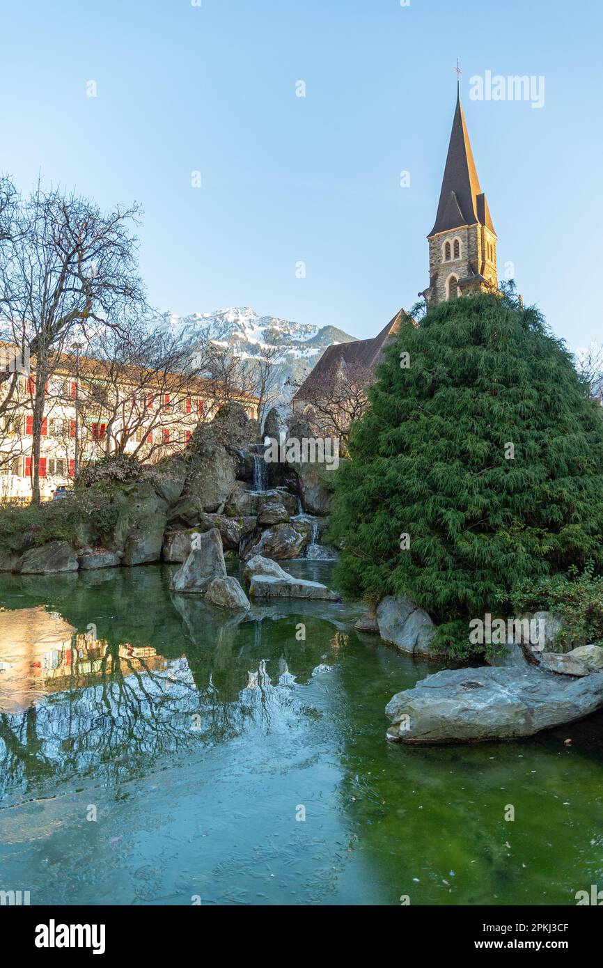 Interlaken, Switzerland, February 10, 2023 Little japanese garden with ...