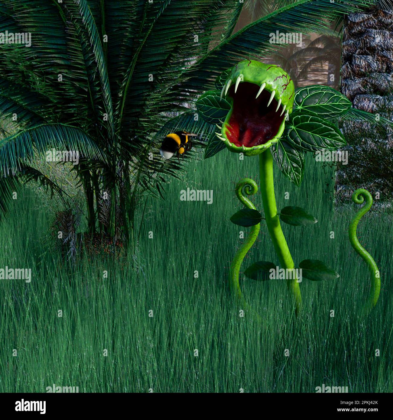 Bee Approaching A Green Carnivorous Plant In The Jungle 3d Rendering Bee Approaching A Green Carnivorous Plant In The Jungle 3d Rendering