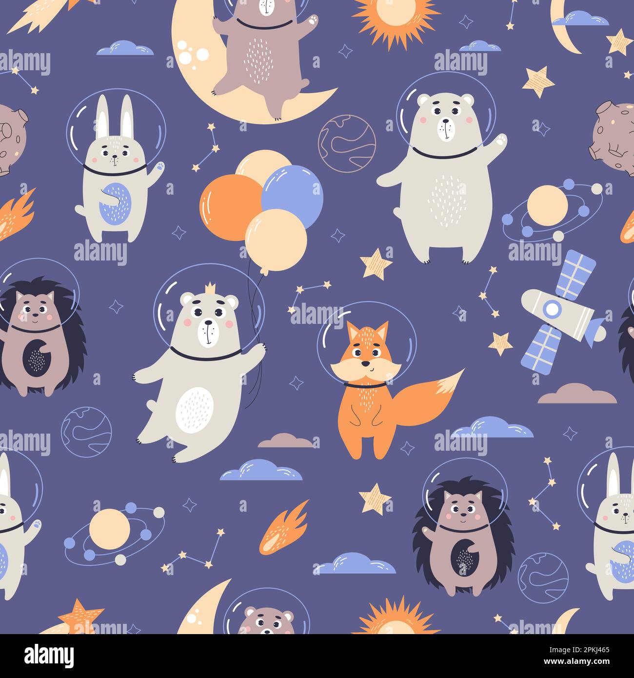Space seamless pattern. Cute animal astronauts. Funny Bear with balloons, rabbit, fox and ...