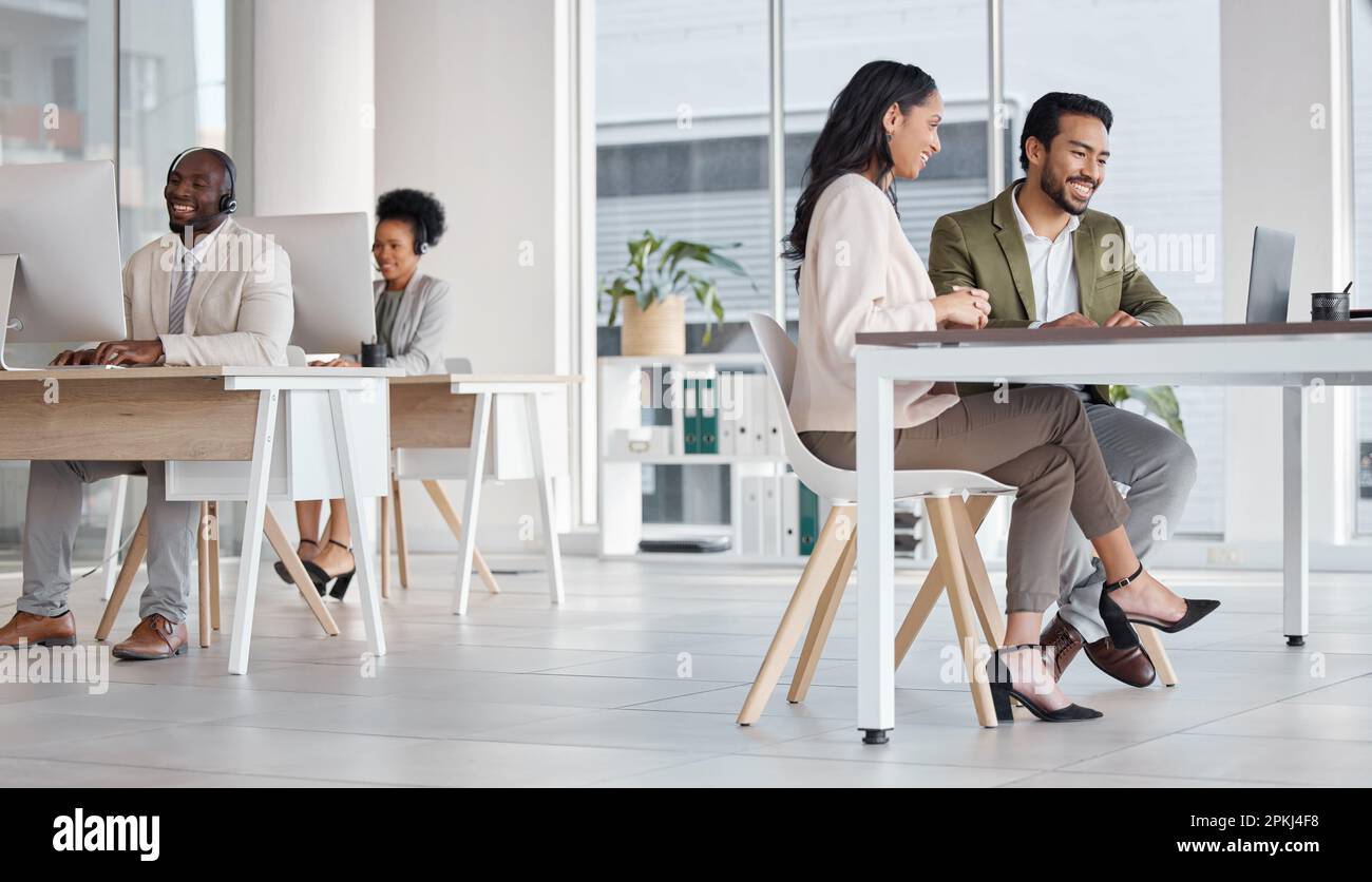 Call center, laptop and business people in office, teamwork or talking ...