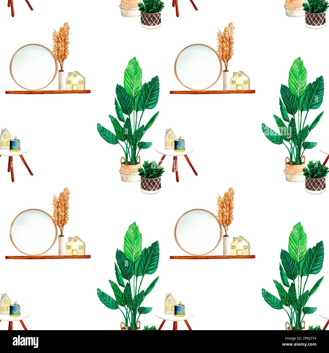 Watercolor seamless pattern with home plant, wax candlt, ceramic houses ...