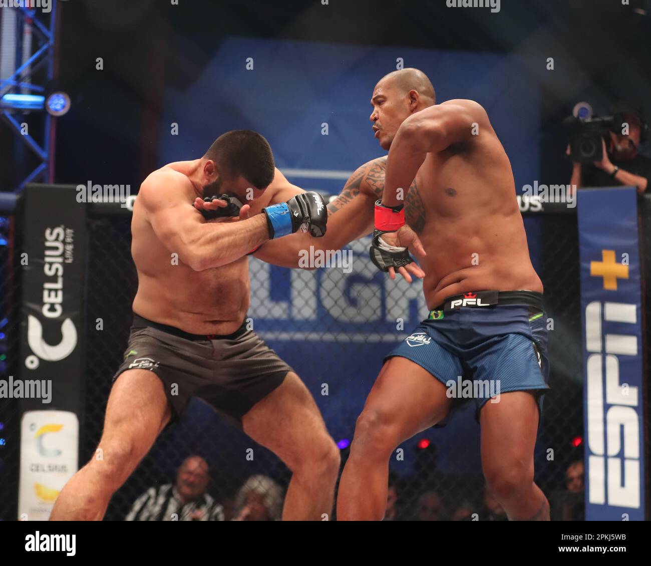 LAS VEGAS, NEVADA - APRIL 7: Renan Ferreira and Rizvan Kuniev meet in the octagon for their ...